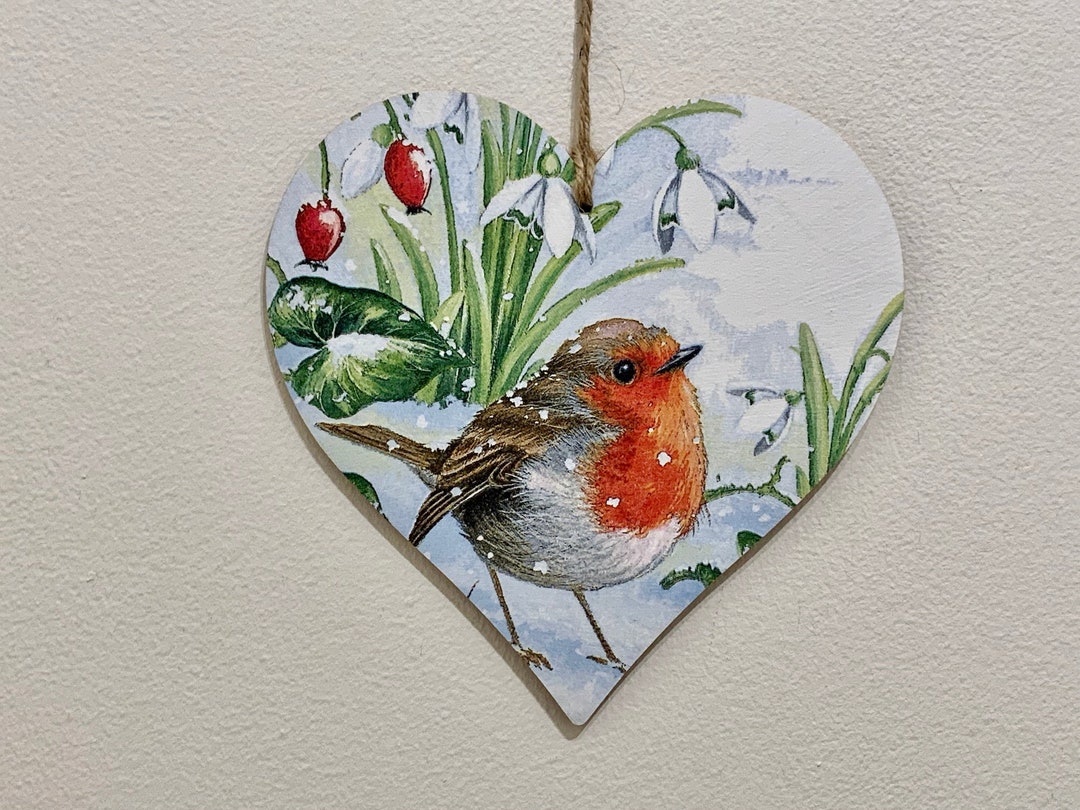 Robin With Snowdrops Decoupaged Wooden Heart Plaque / Winter Decor ...