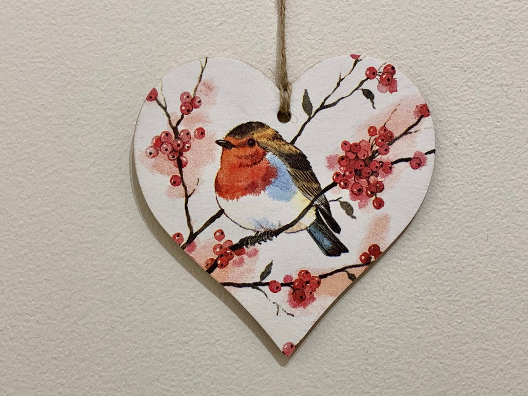 Robin - 12cm or 15cm Decoupaged Wooden Heart Plaque / Robin Decor ...