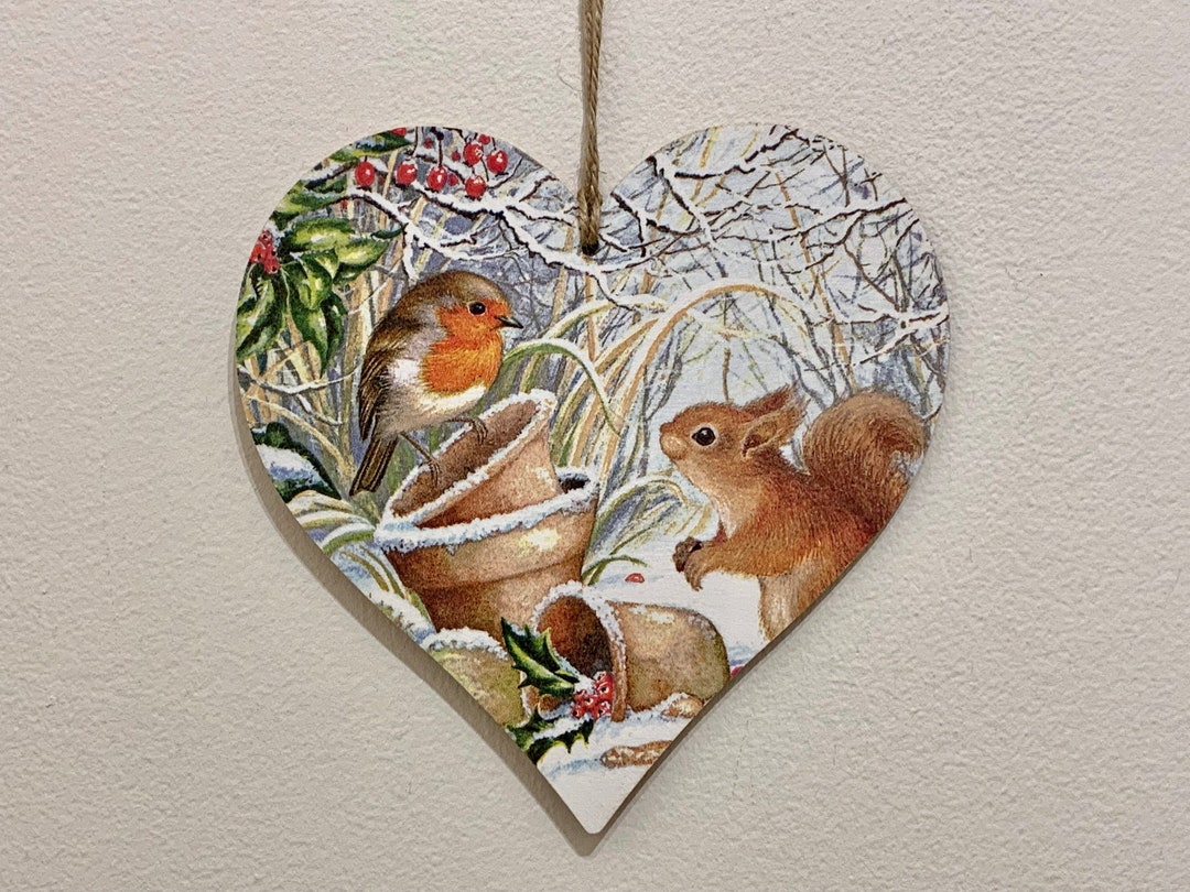Robin & Squirrel - 15cm Decoupaged Wooden Heart Plaque / Winter Decor ...
