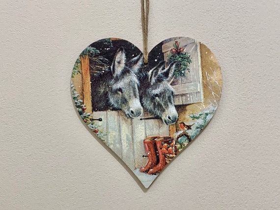 Donkeys in Winter 15cm decoupaged wooden heart plaque / | Etsy