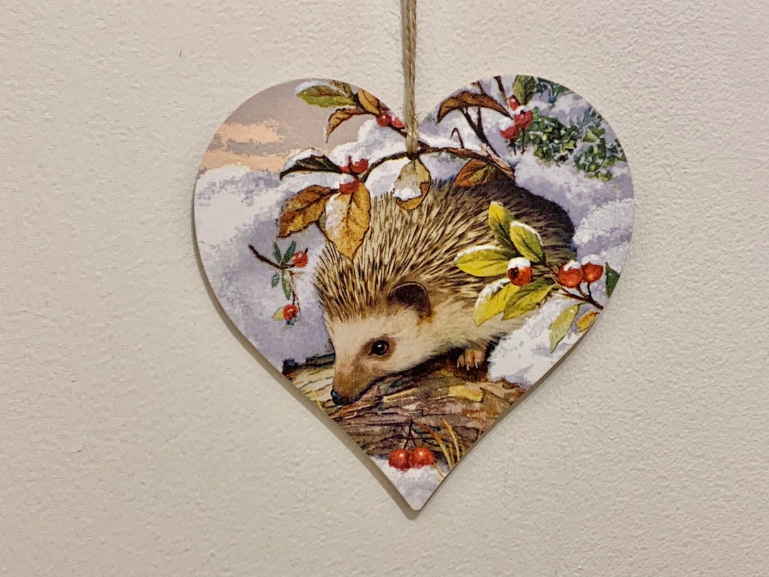 Winter Hedgehog 15cm decoupaged wooden heart plaque / Hedgehog Ornament ...