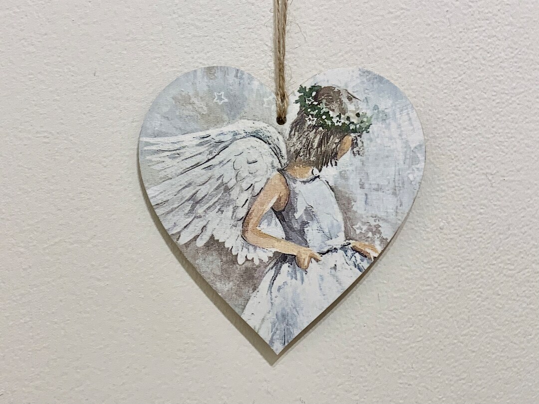 Angel 12cm Decoupaged Wooden Heart Plaque / Crafted Angel Heart / Angel ...