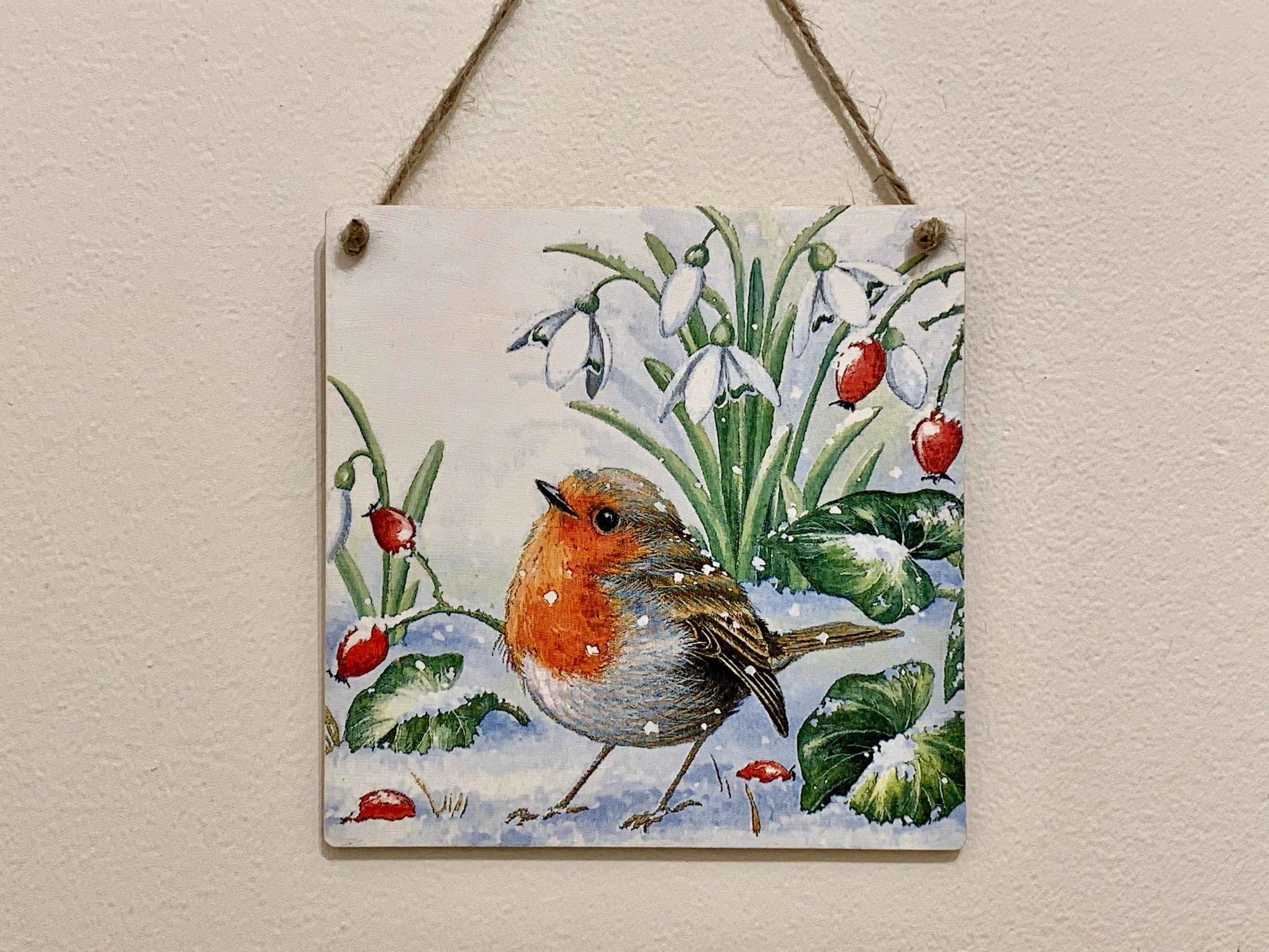 Robin With Snowdrops - 15cm Square Decoupaged Wooden Plaque / Robin ...
