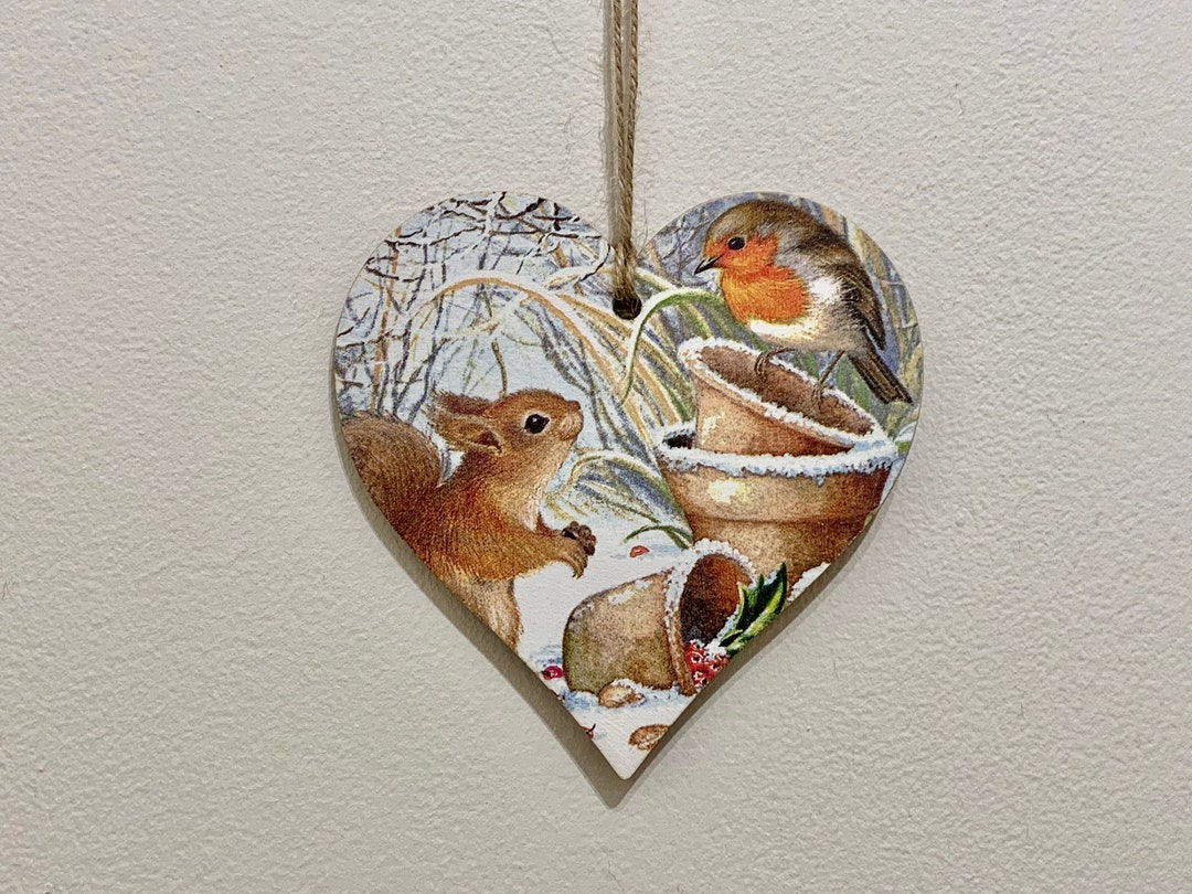 Robin and Squirrel 12cm Decoupaged Wooden Heart Plaque / Winter Decor ...