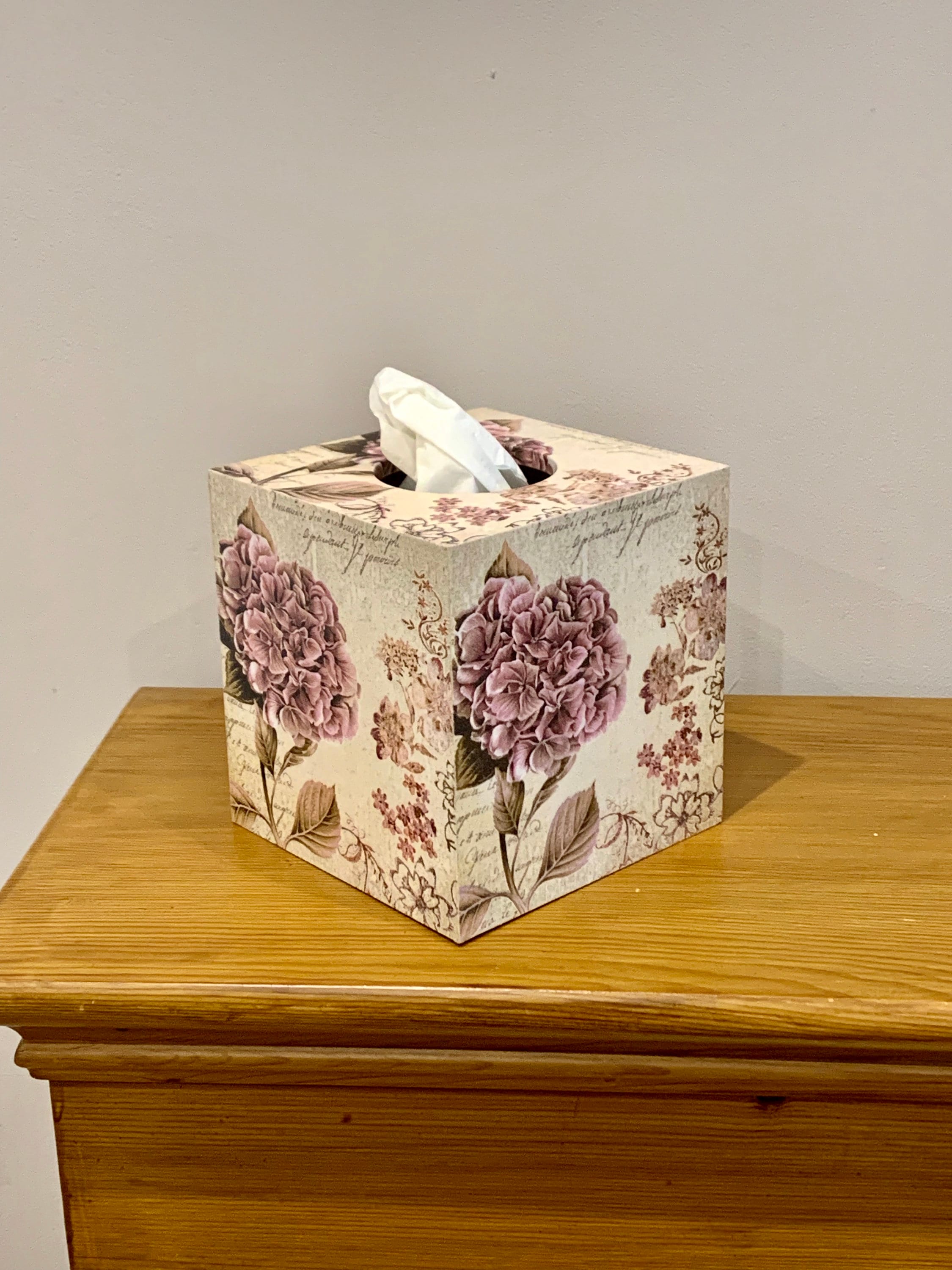 Decoupaged Tissue Box Cover - Pink Hydrangea - Tissue Box Holder ...