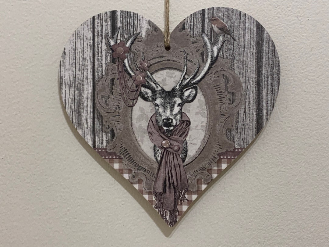 Decorative Stag - Handcrafted 15cm Decoupaged Wooden Heart Plaque ...