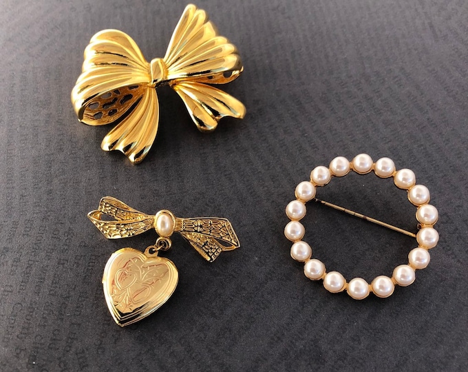 Set of 3 Shiny Gold Tone Brooches Heart Faux Pearl Bow Valentines ...