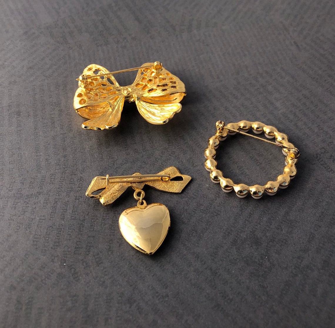 Buy Set of 3 Shiny Gold Tone Brooches Heart Faux Pearl Bow Valentines ...