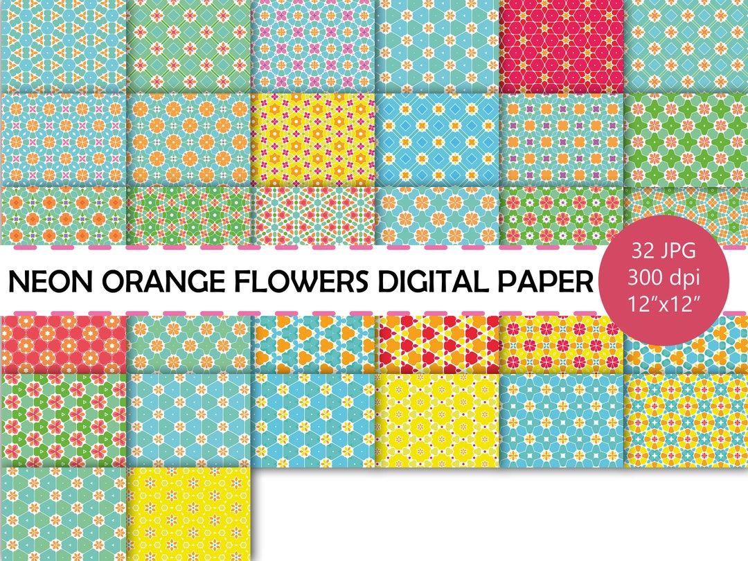 32 Digital Graphics Bundle Neon Orange Flowers Painting Splatter Drip ...