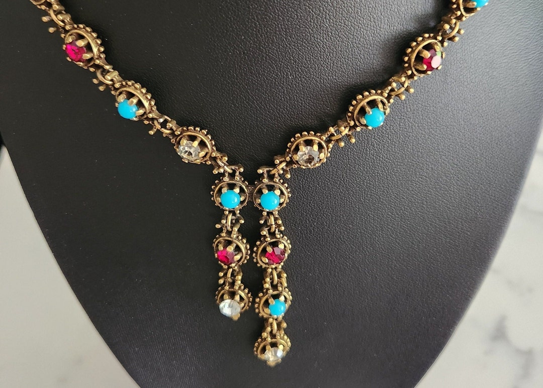 Rare Vintage Middle Eastern Gold Tone Turquoise, Ruby Red, Smoky Quartz ...