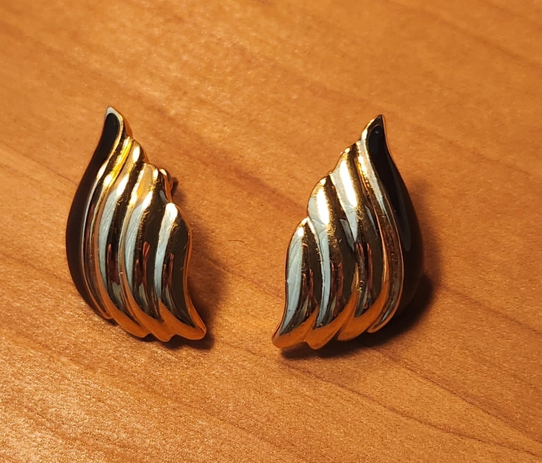 Vintage Napier Gold Tone Black Enamel Angel Wings Pierced Earrings - Etsy