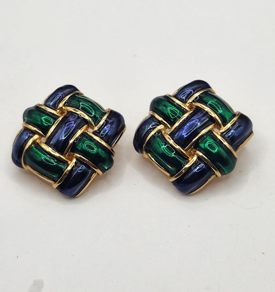 Vintage Erwin Pearl Clip on Earrings: Gold Tone Enamel Basket Weave - Etsy