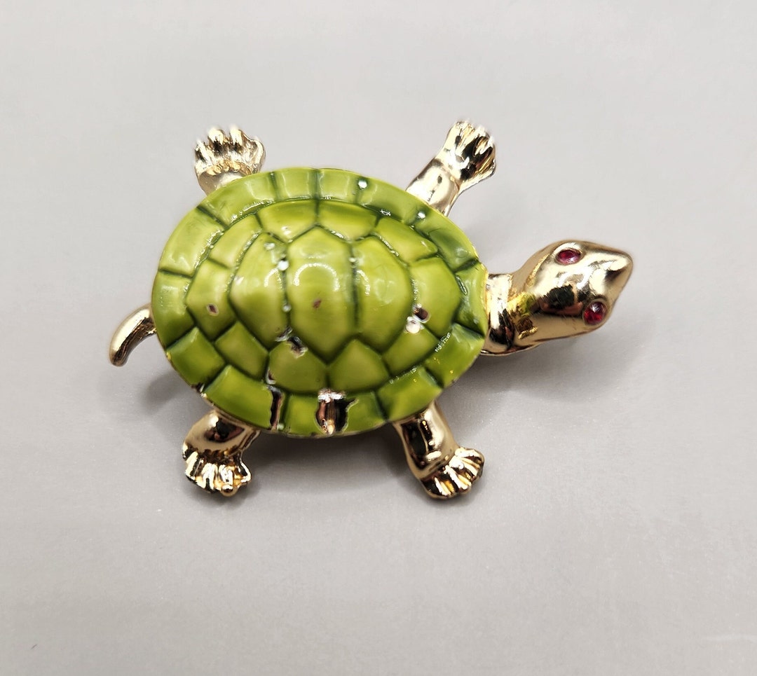 Vintage Gold Tone Green Enamel Turtle With Red Rhinestone Eyes - Etsy