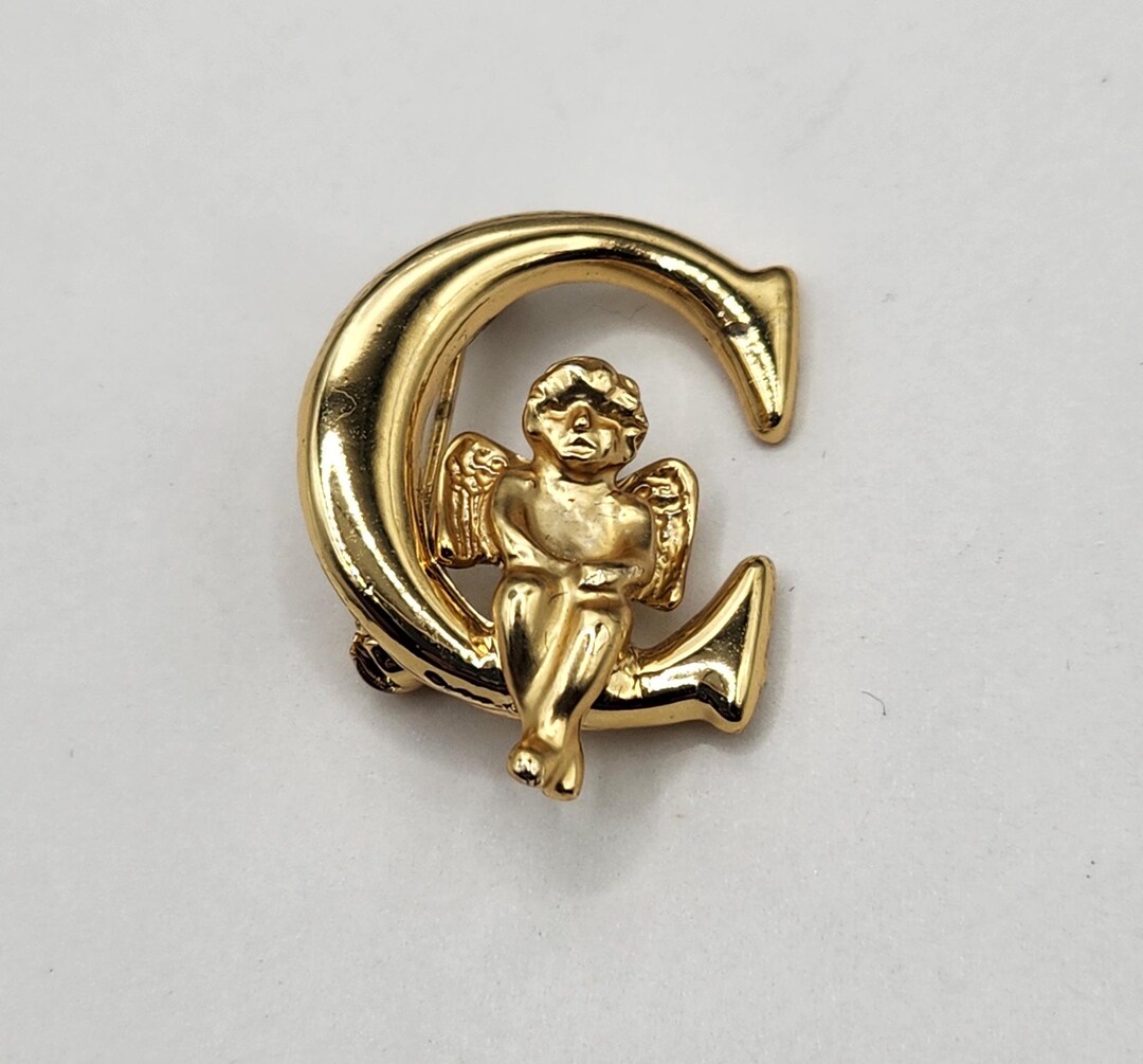 Vintage Luca Razza Gold Tone Angel Sitting on Initial Letter "c" Brooch ...