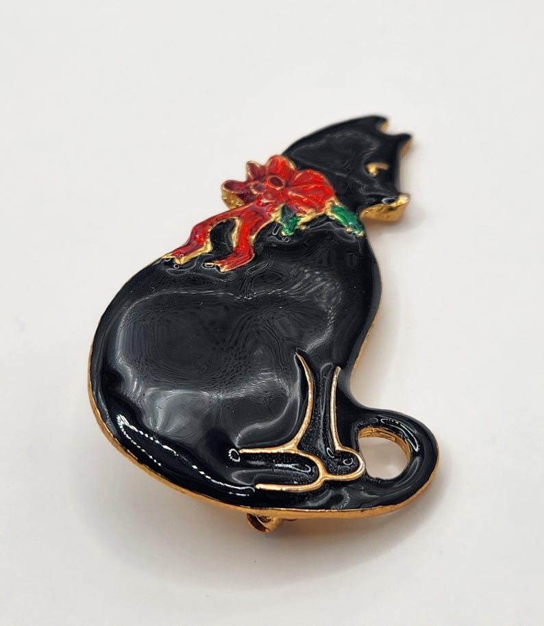 Vintage VERO Black Enamel Cat Brooch With Red Ribbon - Etsy