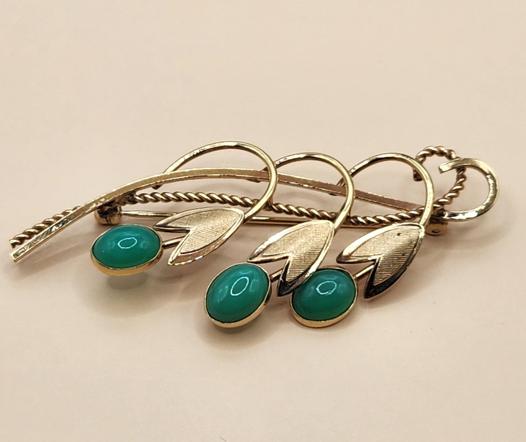 Vintage 12 K G.F Faux Jade Flower Pin Brooch by Sulton Co. - Etsy