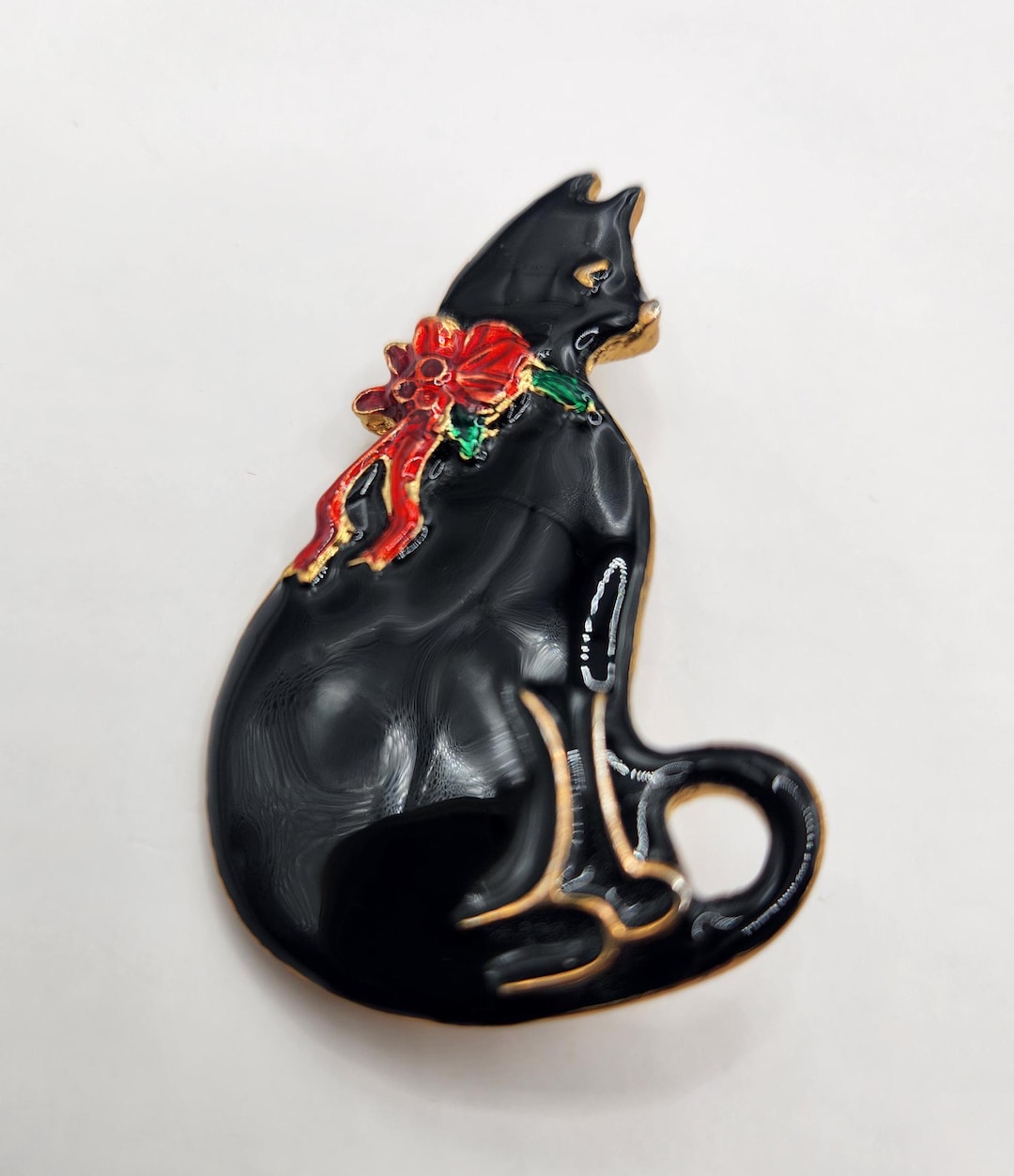 Vintage VERO Black Enamel Cat Brooch With Red Ribbon - Etsy