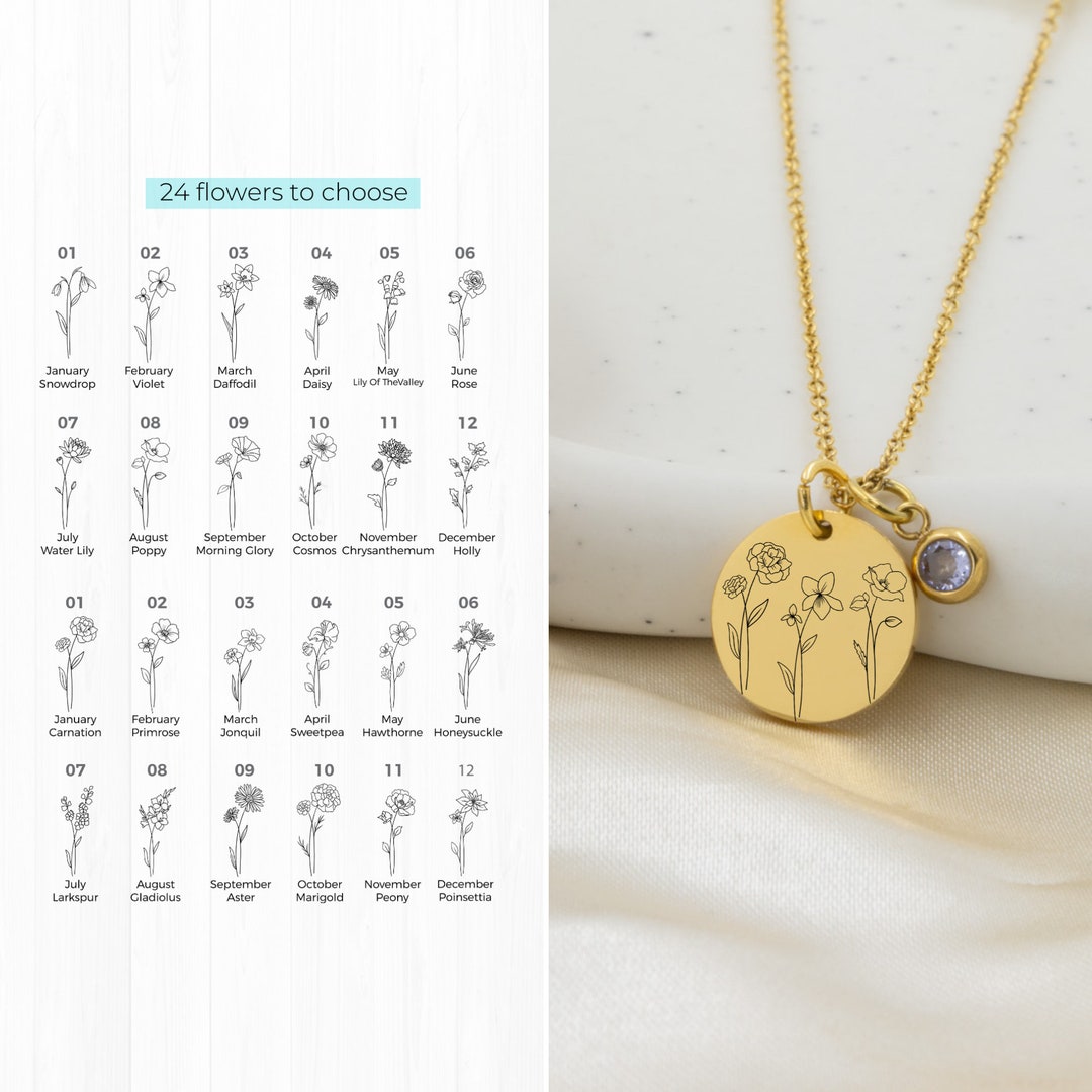 Personalized Birth Flower Necklace for Mothers Day, Birth Month Flower ...