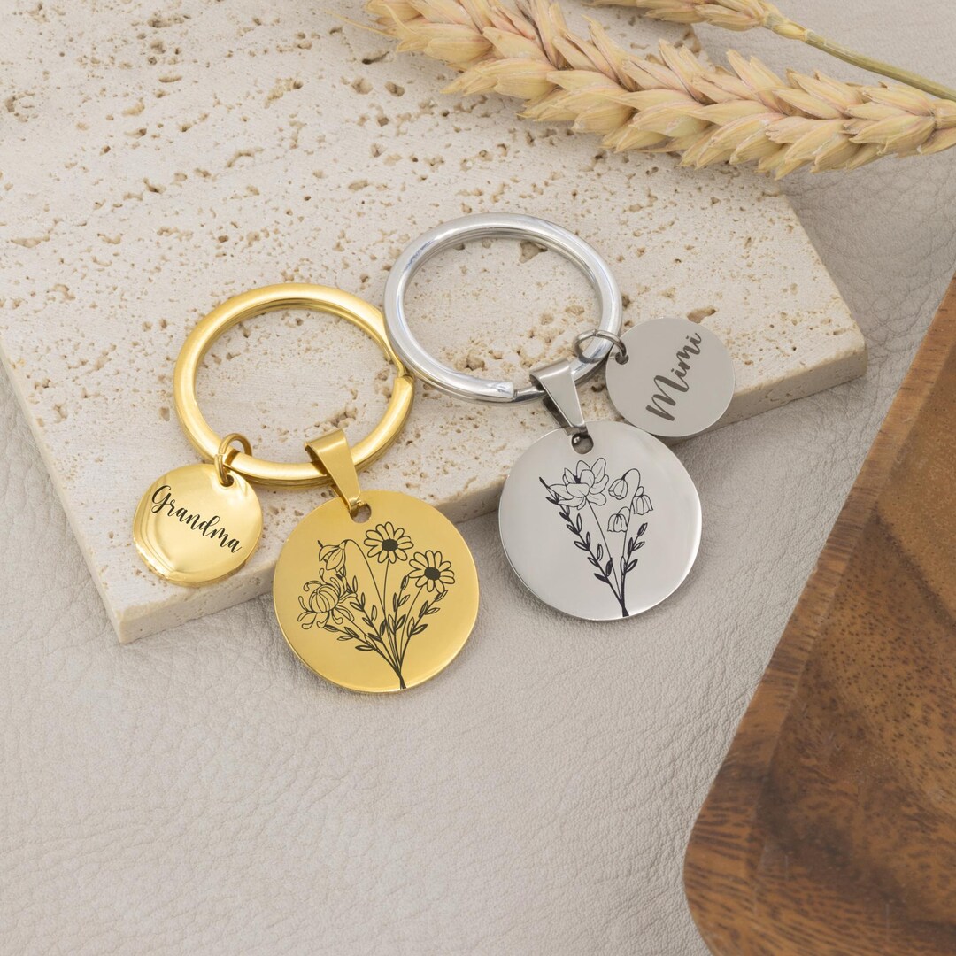 Personalized Birth Flower Keychain, Engraved Keychain, Mothers Day Gift ...