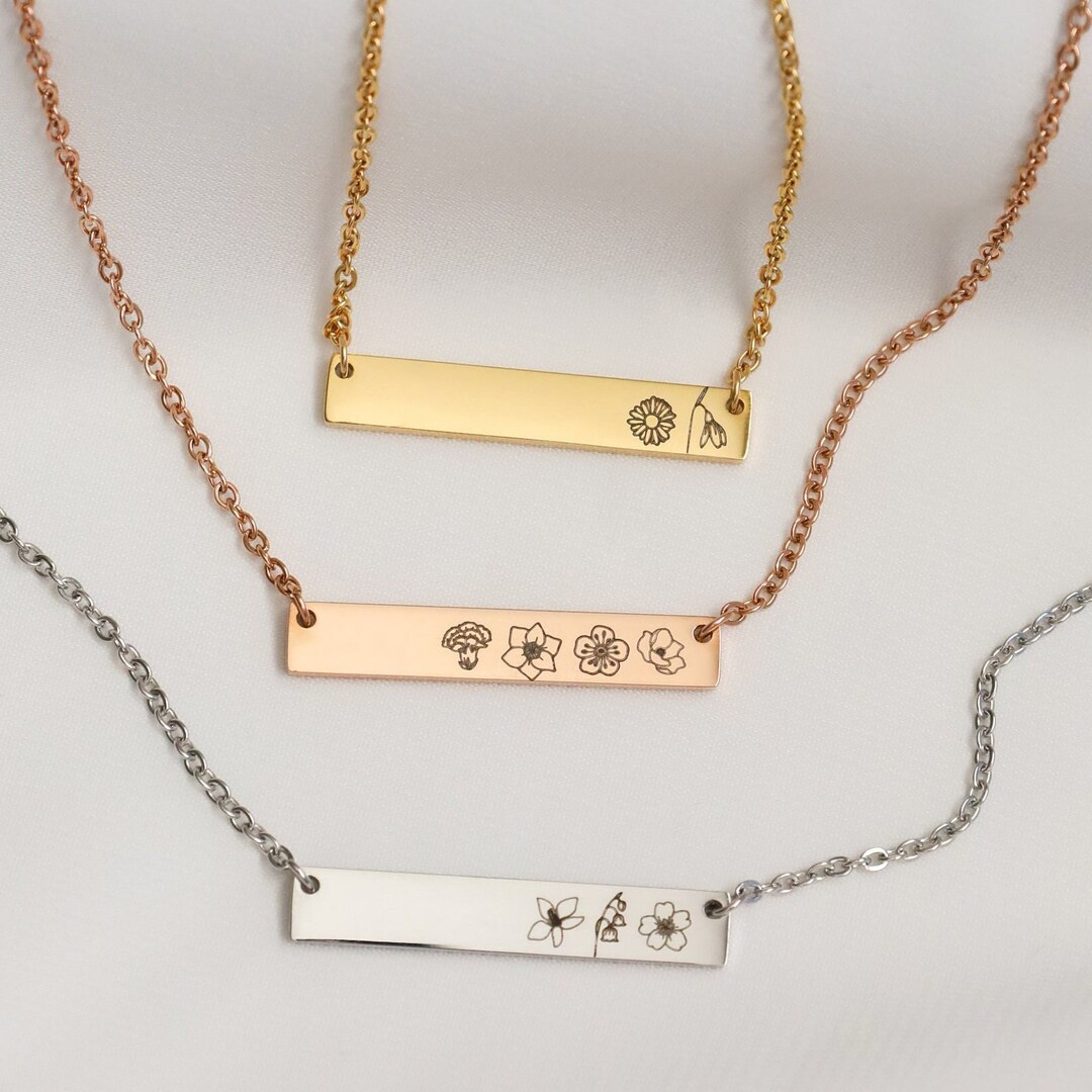 Birth Flower Necklace, Birth Month Flower, Flower Necklace, Gold Bar ...