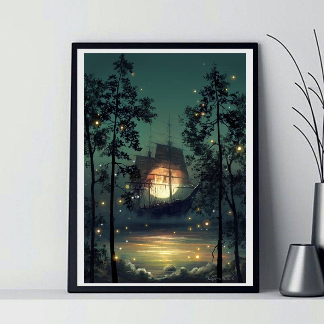 Mysterious Full Moon Pirate Ship Art Print Full Moon - Etsy