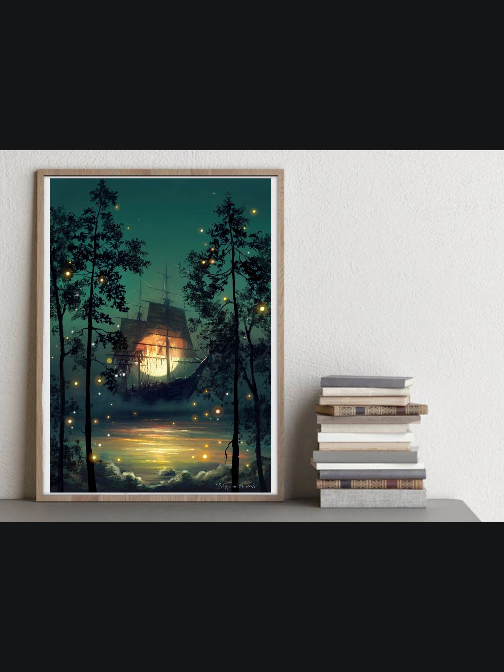 Mysterious Full Moon Pirate Ship Art Print Full Moon - Etsy