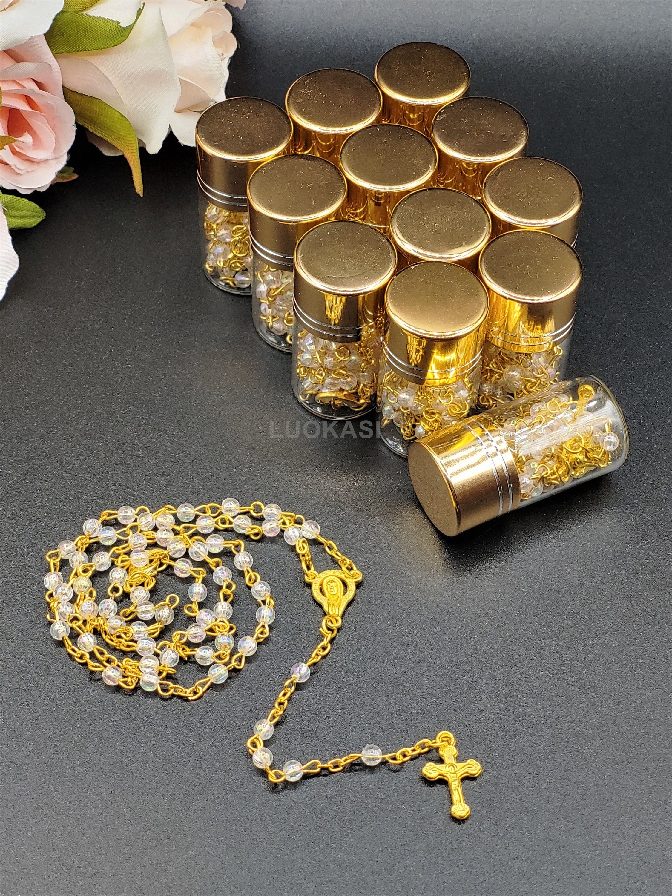 12pcs Clear Pearl Rosary in Glass Bottle W/ Crucifix Cross for Baby ...