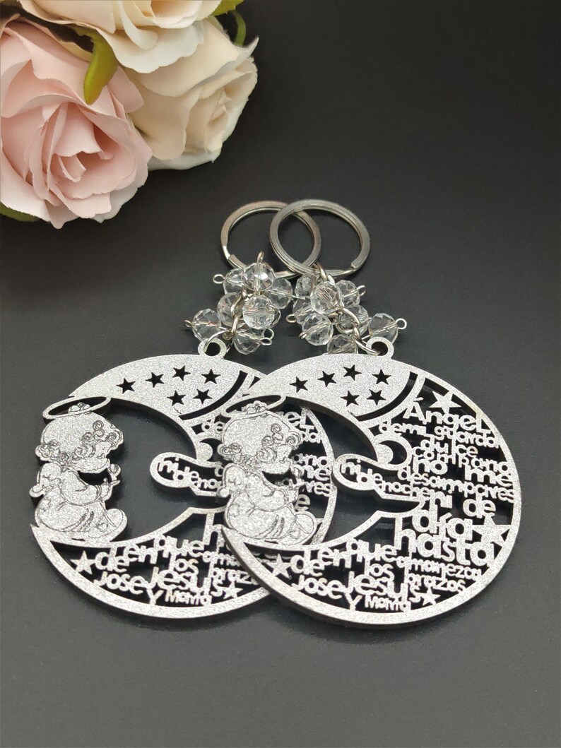 12pcs Wooden Keychain With Angel Girl in Moon for Baptism/baby - Etsy