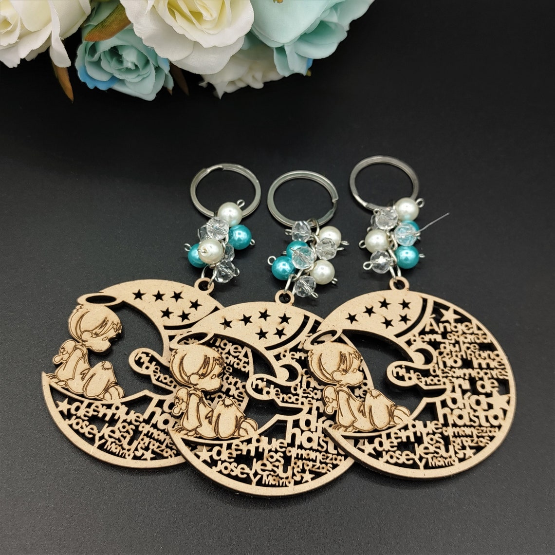 12pcs Wooden Keychain With Angel Boy in Moon for Baptism/baby | Etsy