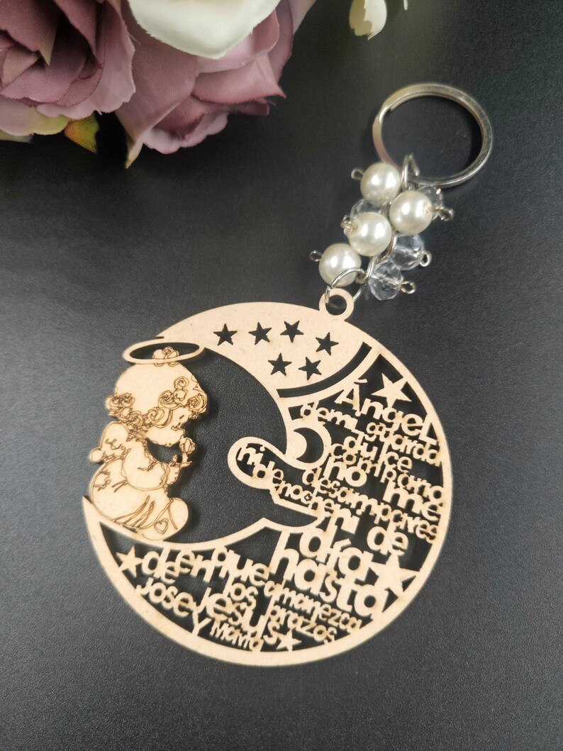 12pcs Wooden Keychain With Angel Girl in Moon for Baptism/baby - Etsy