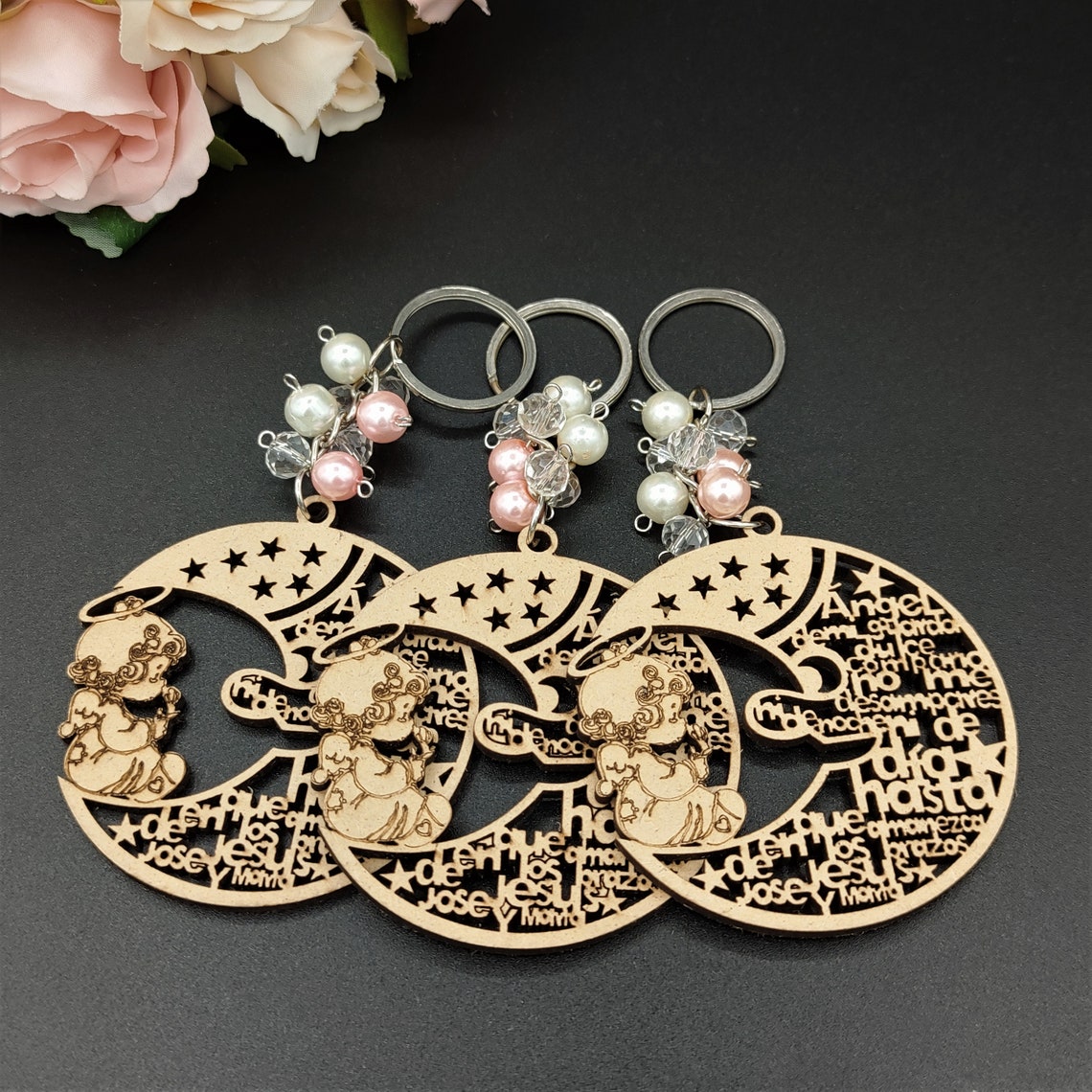 12pcs Wooden Keychain With Angel Girl in Moon for Baptism/baby Shower ...