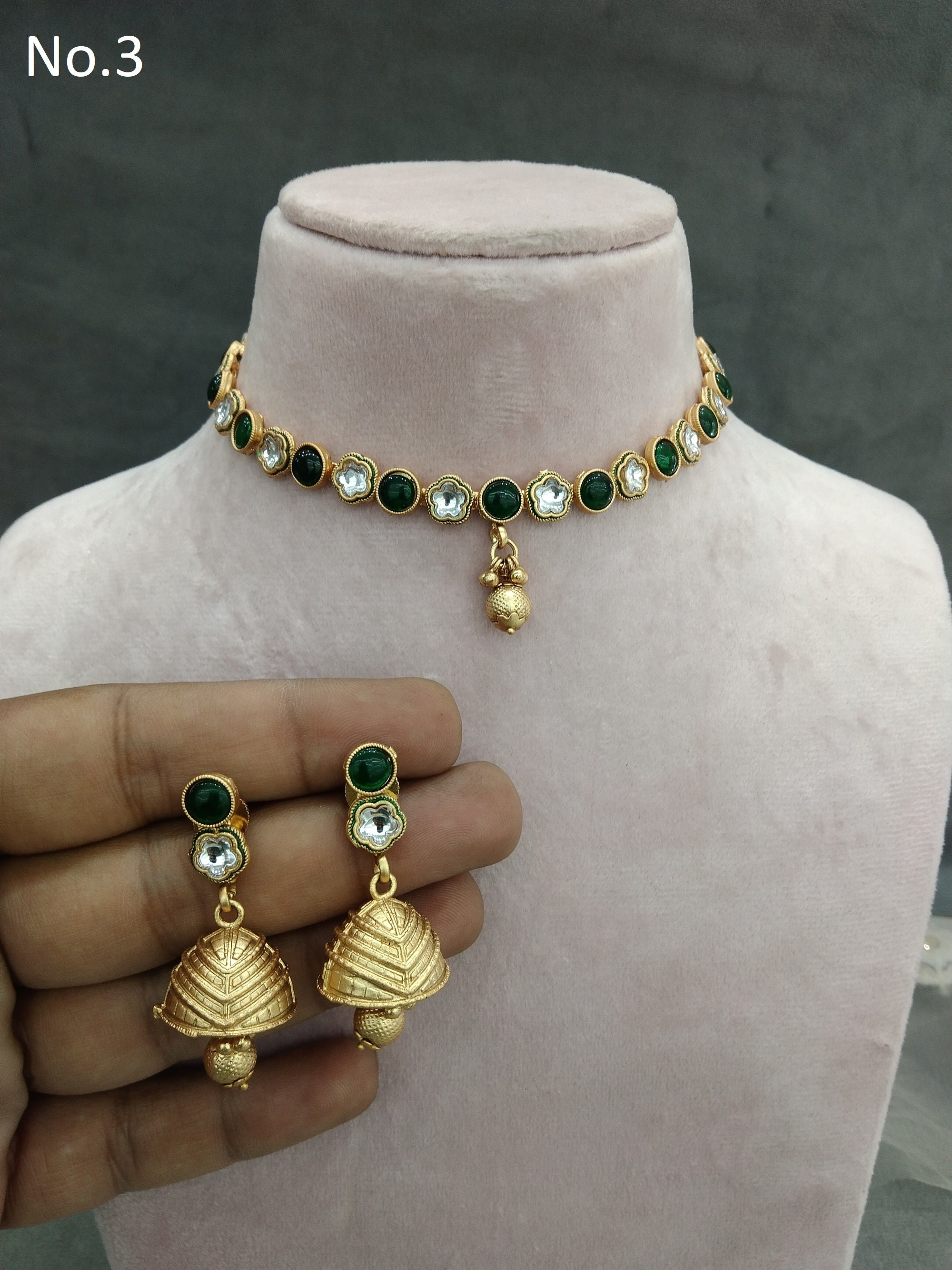 Gold Finish Polki Necklace Set, Indian Bridal Jewelry Challa Delta ...