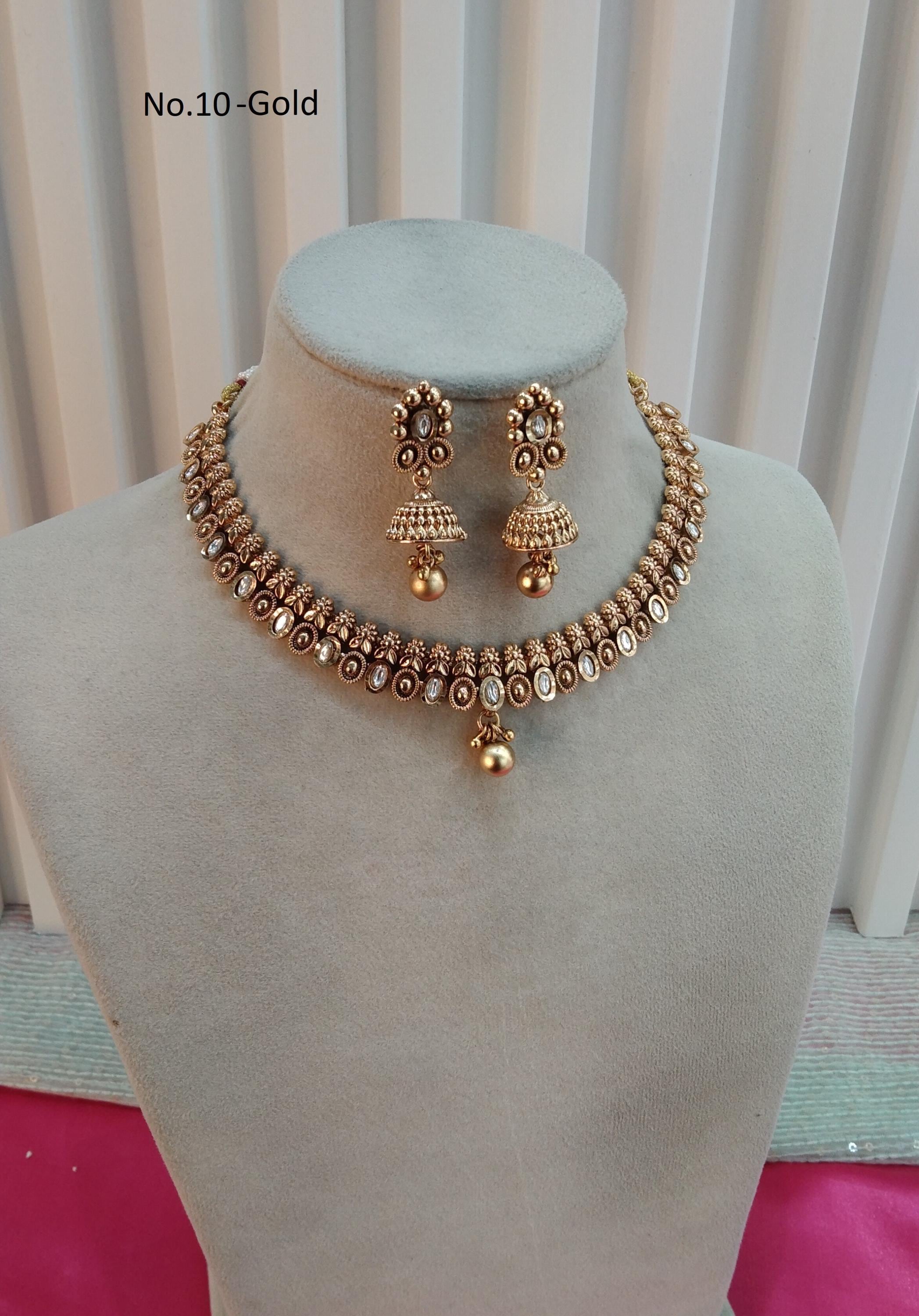 Gold Finish Polki Necklace Set, Indian Bridal Jewelry Challa Delta ...