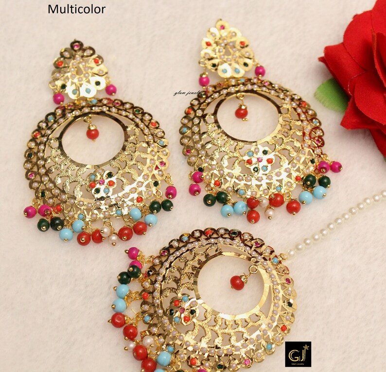 Earrings Tikka Tika Set Jadau Indian Earrings Gold Chandbali | Etsy