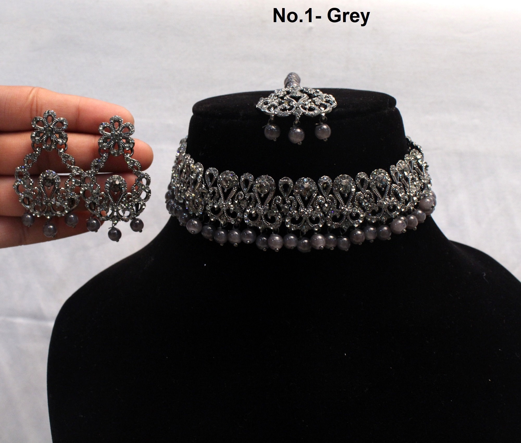 Choker Set grey Necklace Set/Bollywood Jewellery/blackish grey | Etsy