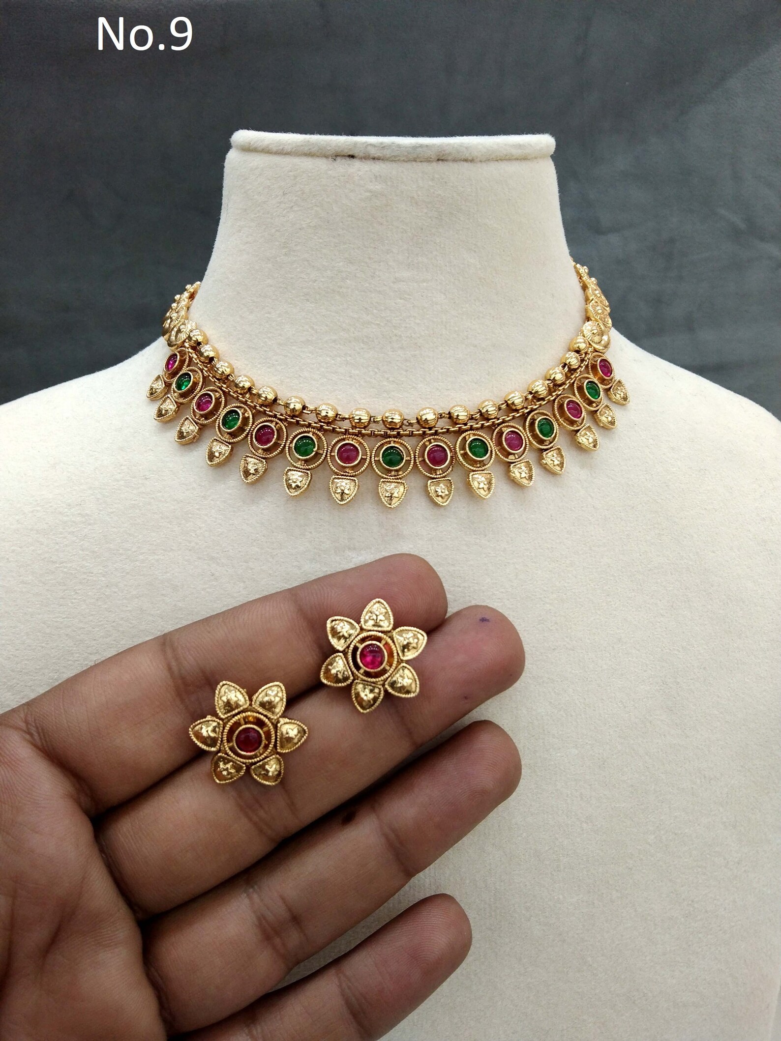 Gold Finish Polki Necklace Set, Indian Bridal Jewelry Challa Delta ...