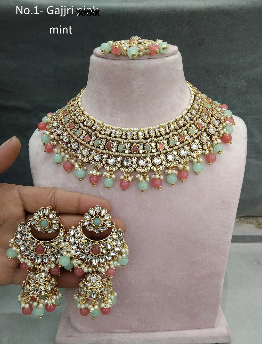 Gold Kundan Indian Necklace Set, Mint Pink Bridal Jewelry Nili Set - Etsy