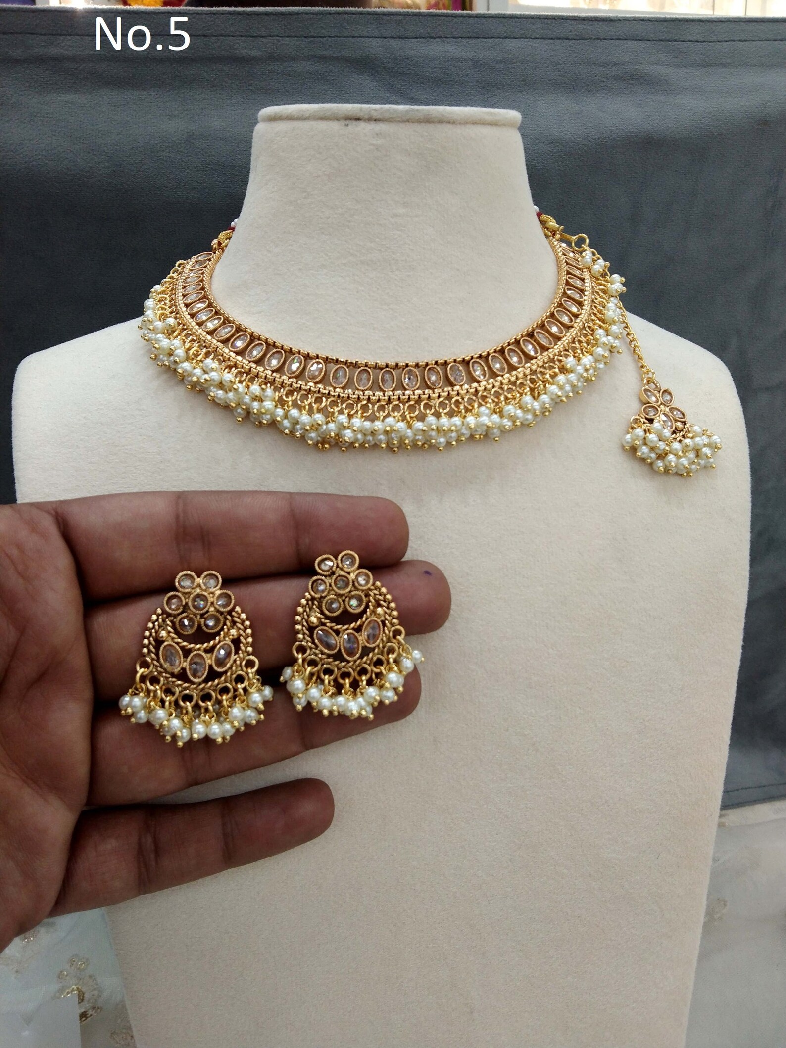 Gold Finish Polki Necklace Set, Indian Bridal Jewelry Challa Delta ...
