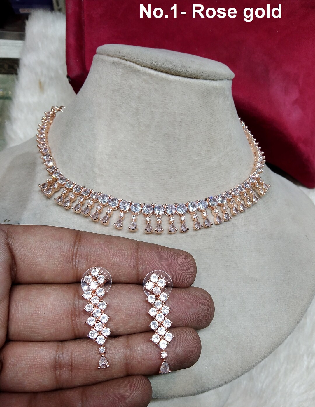 Cubic Zirconia Diamond Necklace Earrings Set, Rose Gold, Bridal ...