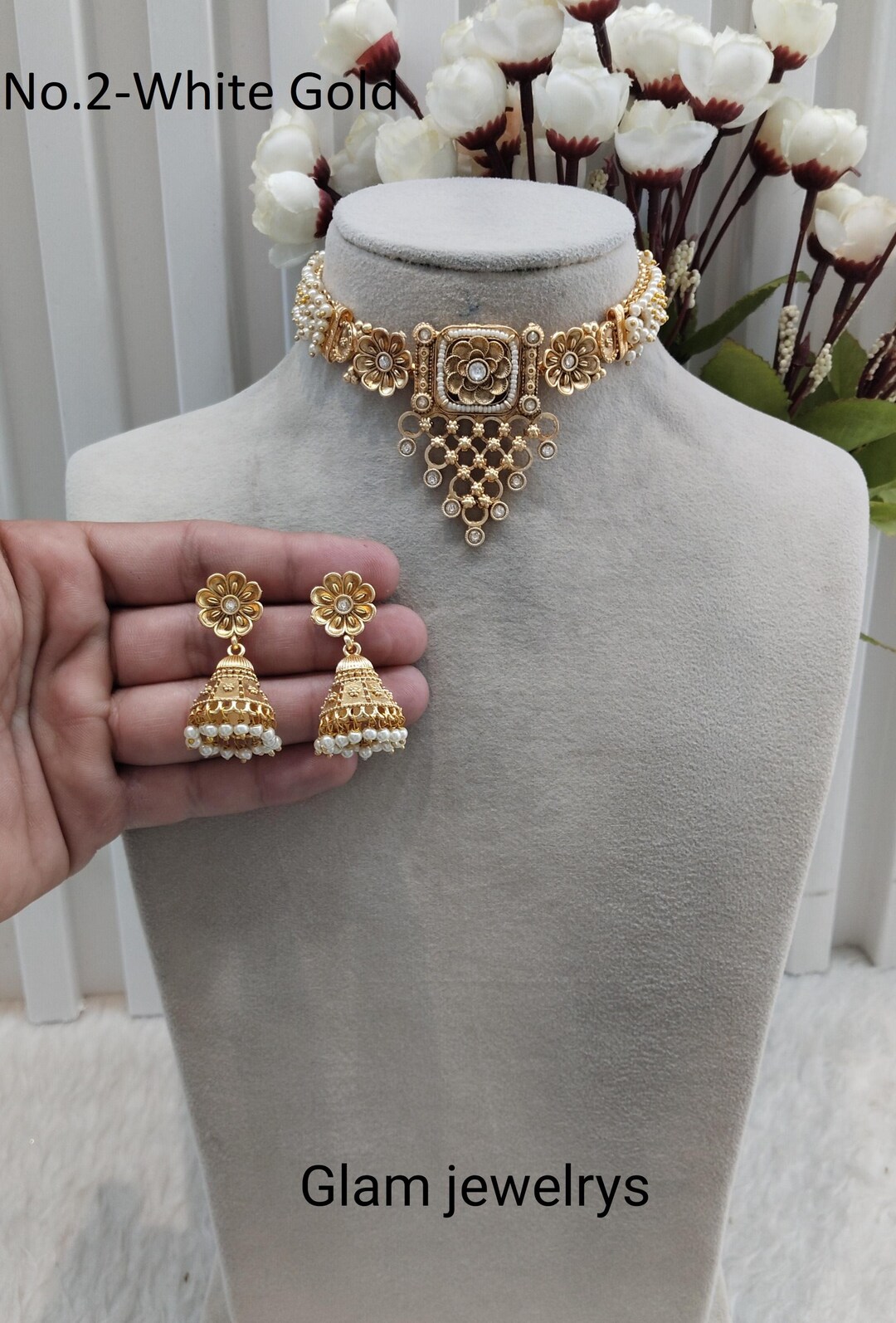 Polki Choker Set: Gold Finish Indian Jewelry Bini Smile Sets - Etsy