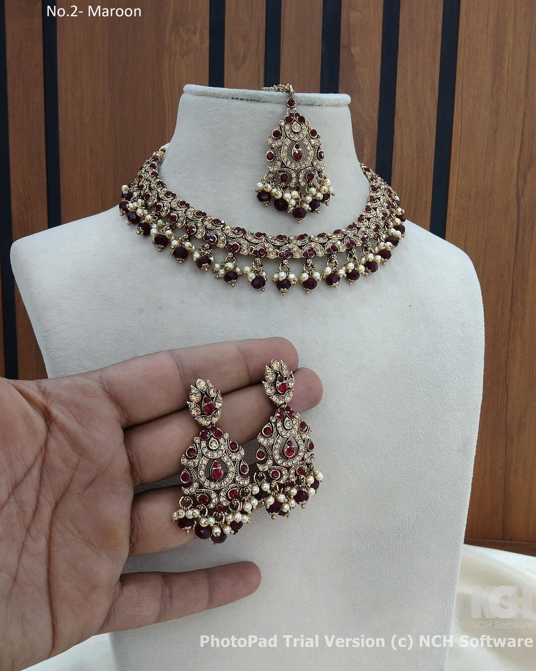 Maroon Crystal Indian Jewelry Necklace Set, Bollywood Bridal Jewellery ...