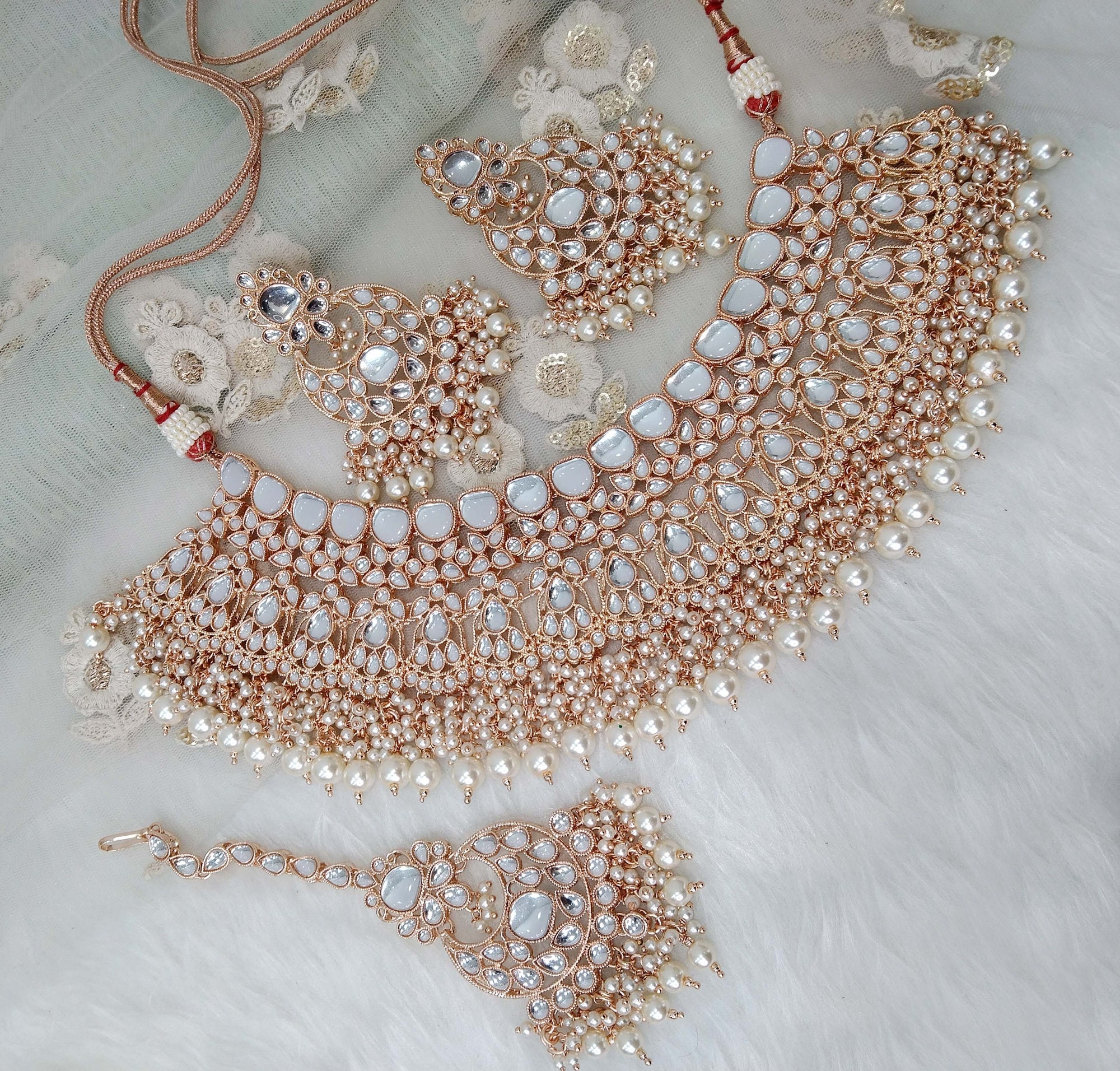glamjewelryz Indian Jewelry Bridal Rose White Kundan Necklace Set Indian Wedding Kundan Danny Jewellery Indian Necklace Set