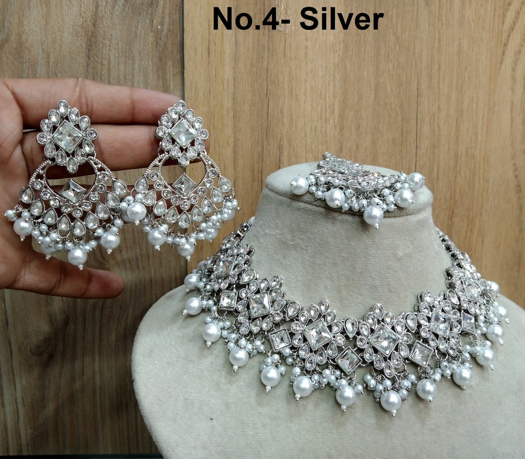 Silver Necklace Set/silver White Bollywood Necklace Set/bridesmaid ...