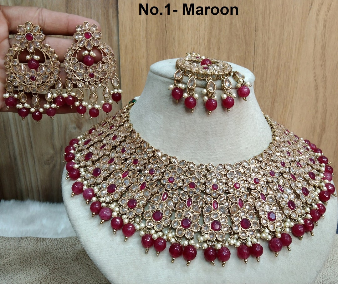 Gold Plated Ruby Indian Necklace Set, Tikka Earrings, Bridal Jewelry ...