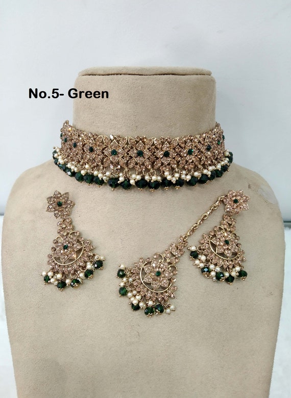 Choker Set Necklace Set Dark Gold Green Pista Rani Choker Set Jewellery Set indian Choker Necklace Set bridesmaid Jewellry Etsy