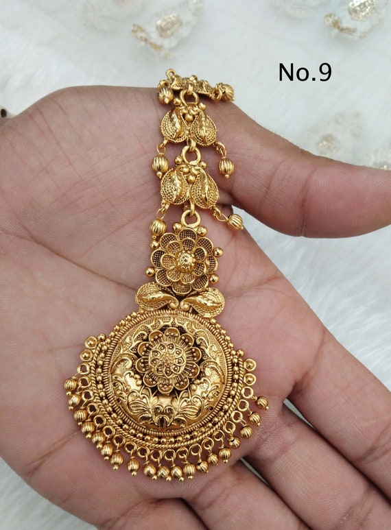 Indian Tikka Gold Finish Headpiece bollywood Maang Tikka Tika South Indian Hair Jewelry Jewellery polki Tikka Chain Headpiece Etsy
