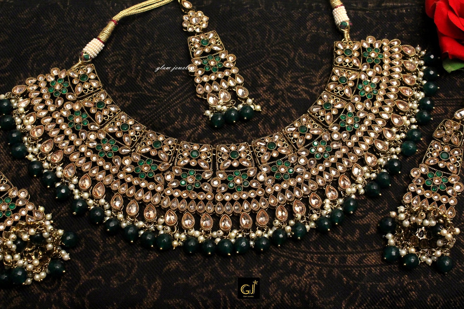 Bridal Ruby Indian Necklace Set/gold Antique Green Indian | Etsy