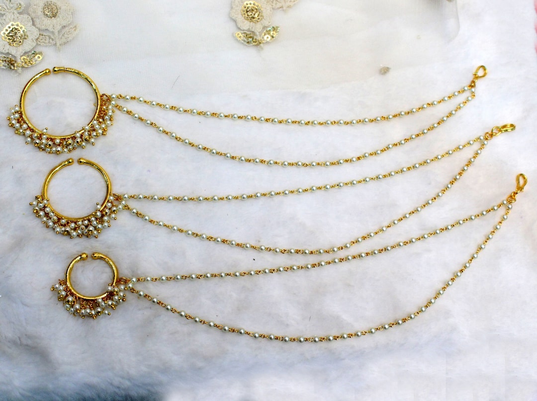 Nose Ring Chain Gold Nath Indian Plat Hoop Chain for Non- Pierced Nose ...
