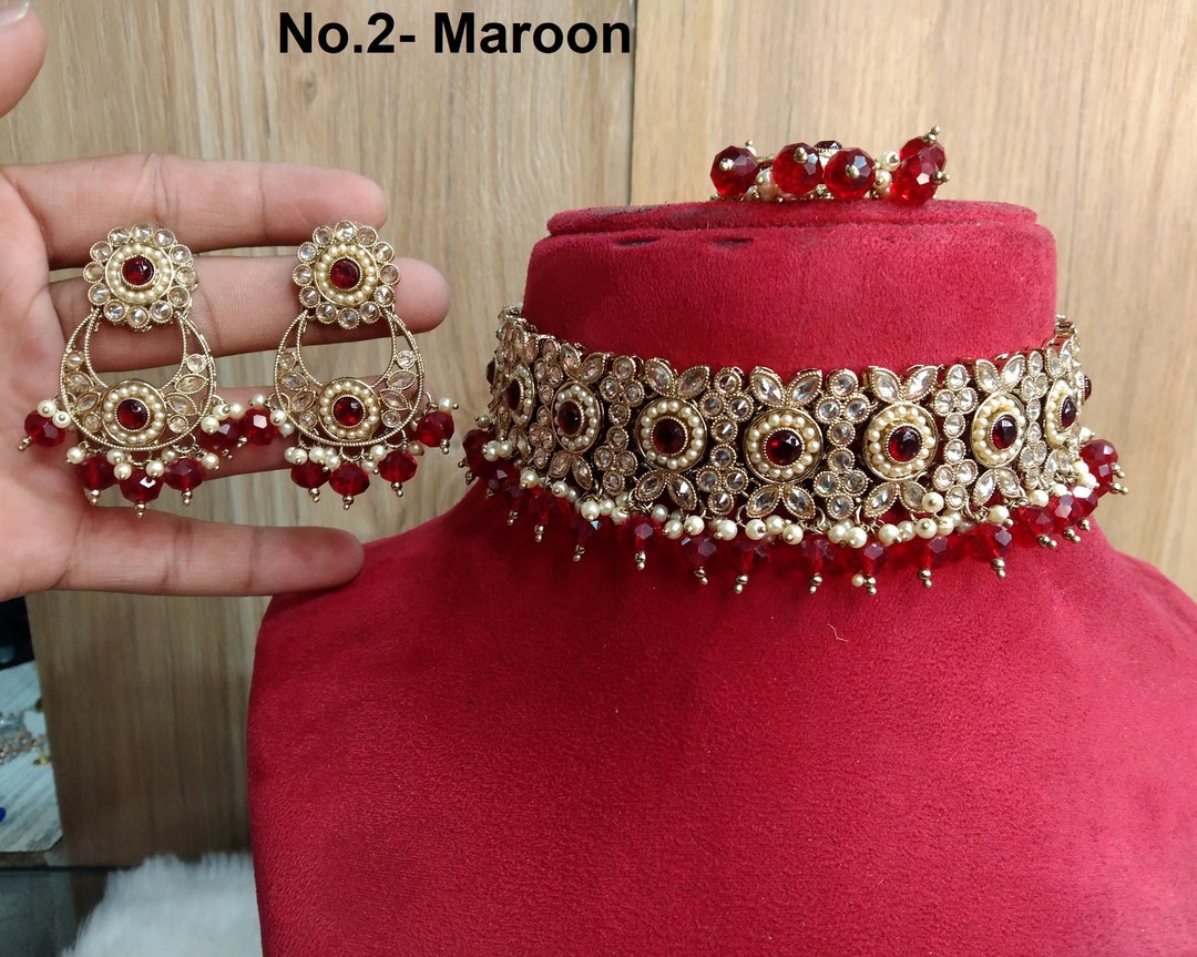 Choker Set Necklace Set/ Peach, Dark Gold, Maroon, Dark Pink Choker ...