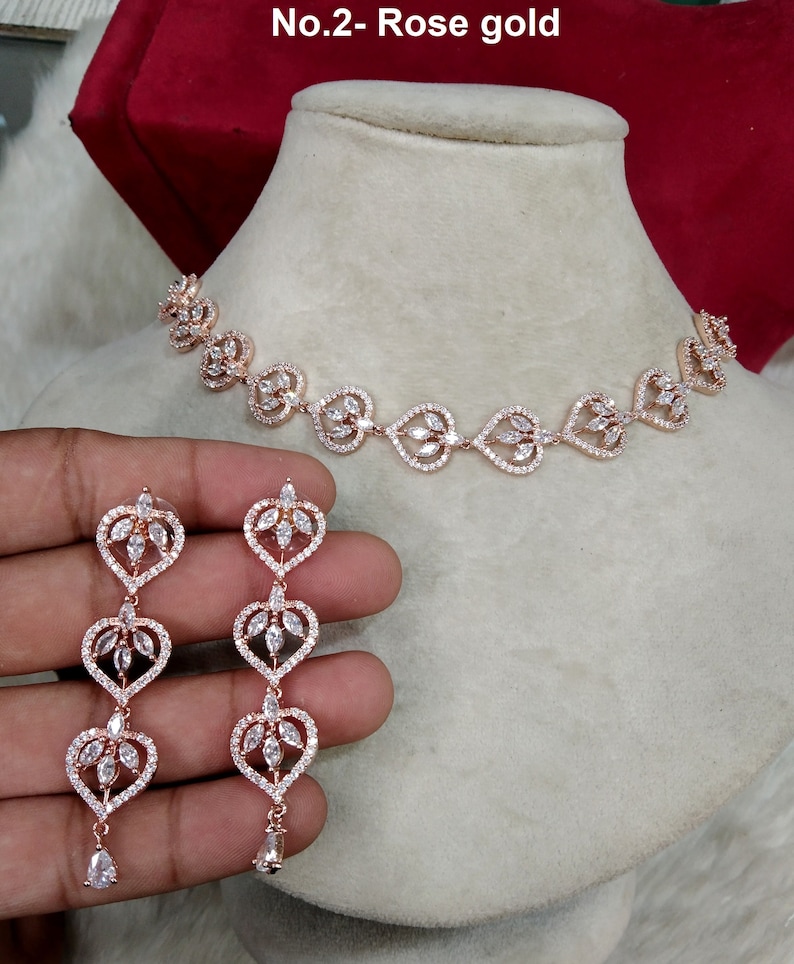AD Diamond Necklace Earrings Set Rose Gold Bollywood Silver - Etsy